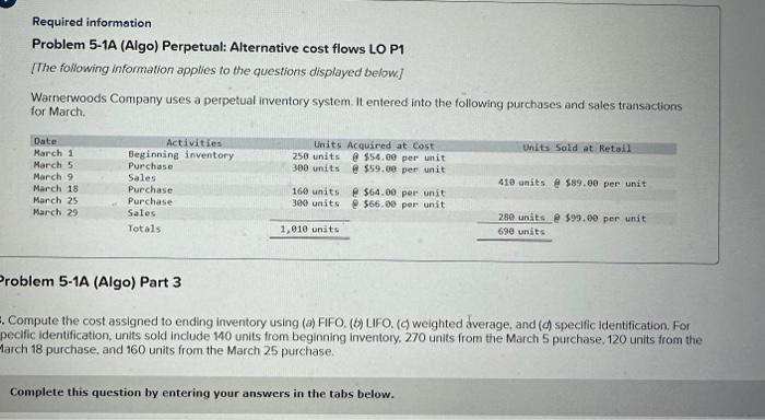Solved Required information Problem 5-1A (Algo) Perpetual: | Chegg.com