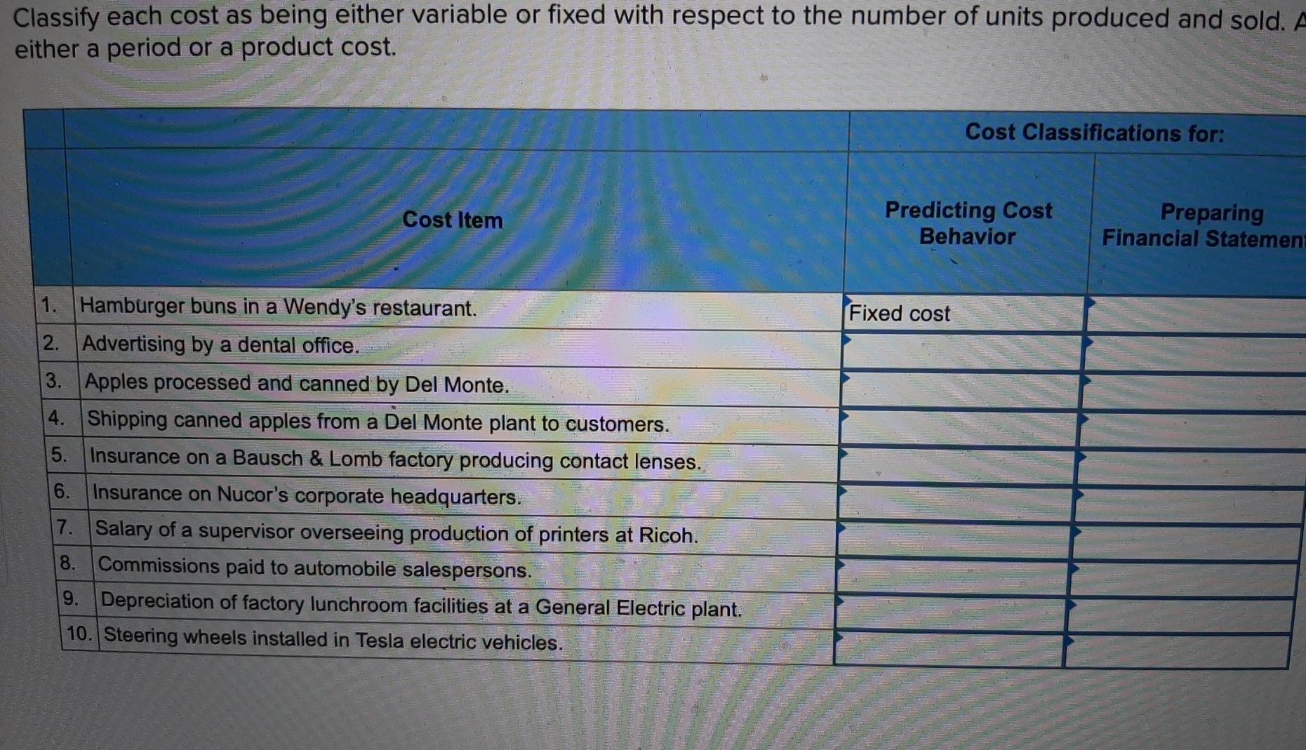 Solved Classify each cost as being either variable or fixed | Chegg.com