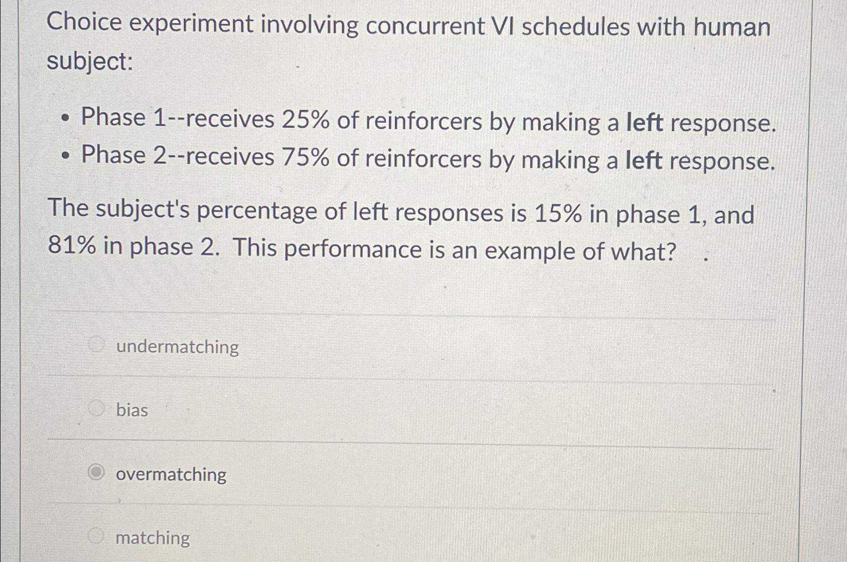 Solved Choice experiment involving concurrent VI schedules | Chegg.com