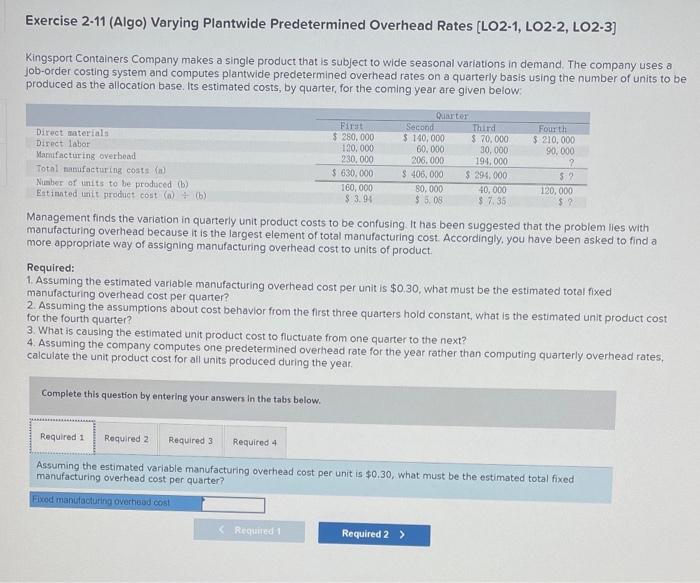 Solved Exercise 2-11 (Algo) Varying Plantwide Predetermined | Chegg.com
