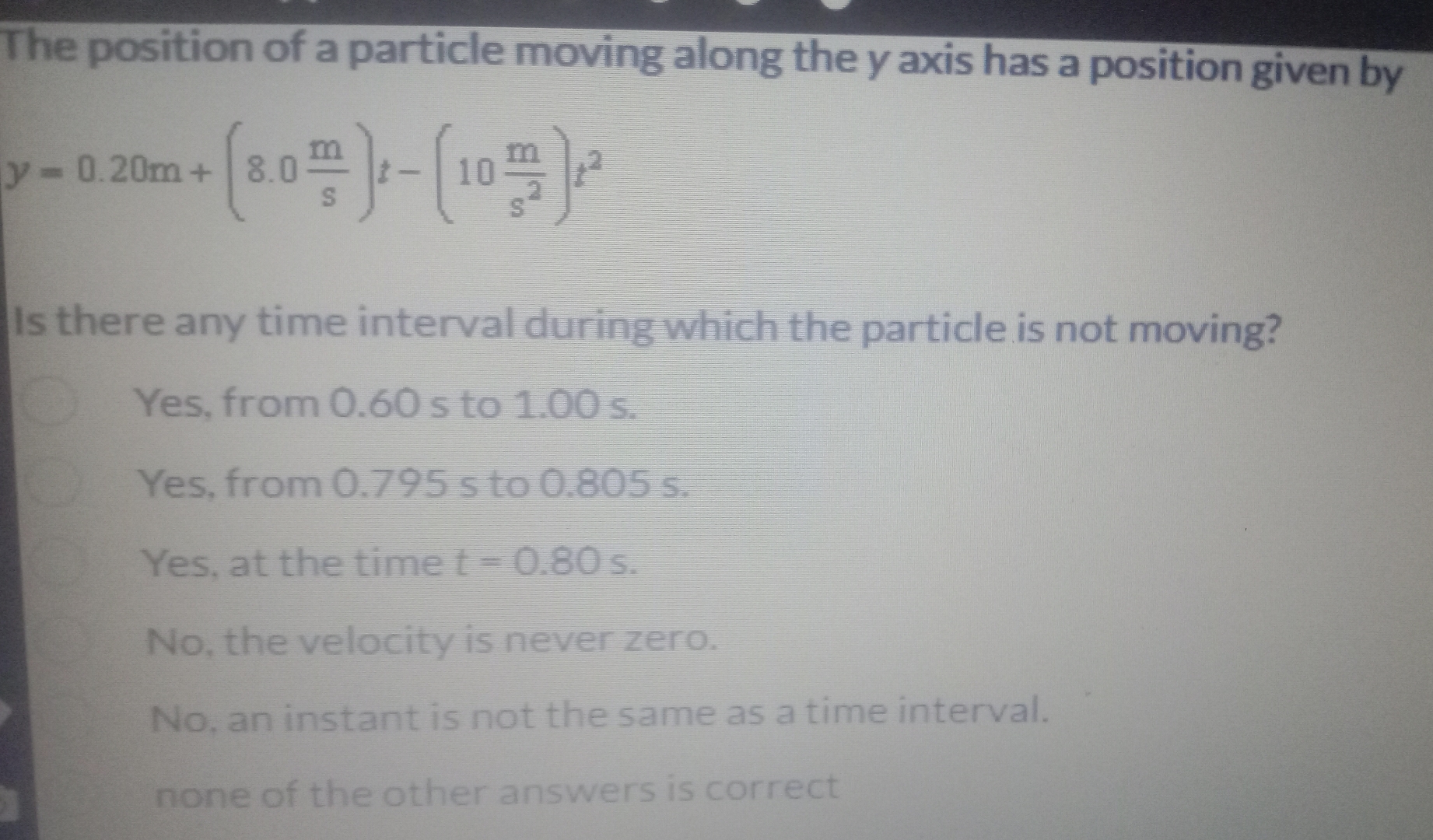 Solved The position of a particle moving along the y ﻿axis | Chegg.com