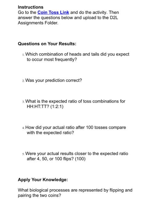 Instructions Go to the Coin Toss Link and do the | Chegg.com
