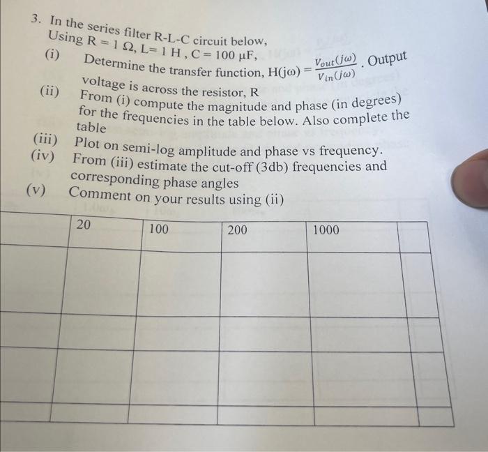 Solved 3. In the series filter R-L-C circuit below, Using | Chegg.com