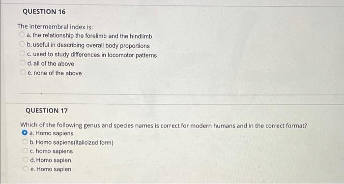 Solved QUESTION 16 The intermembral index is: a. the | Chegg.com