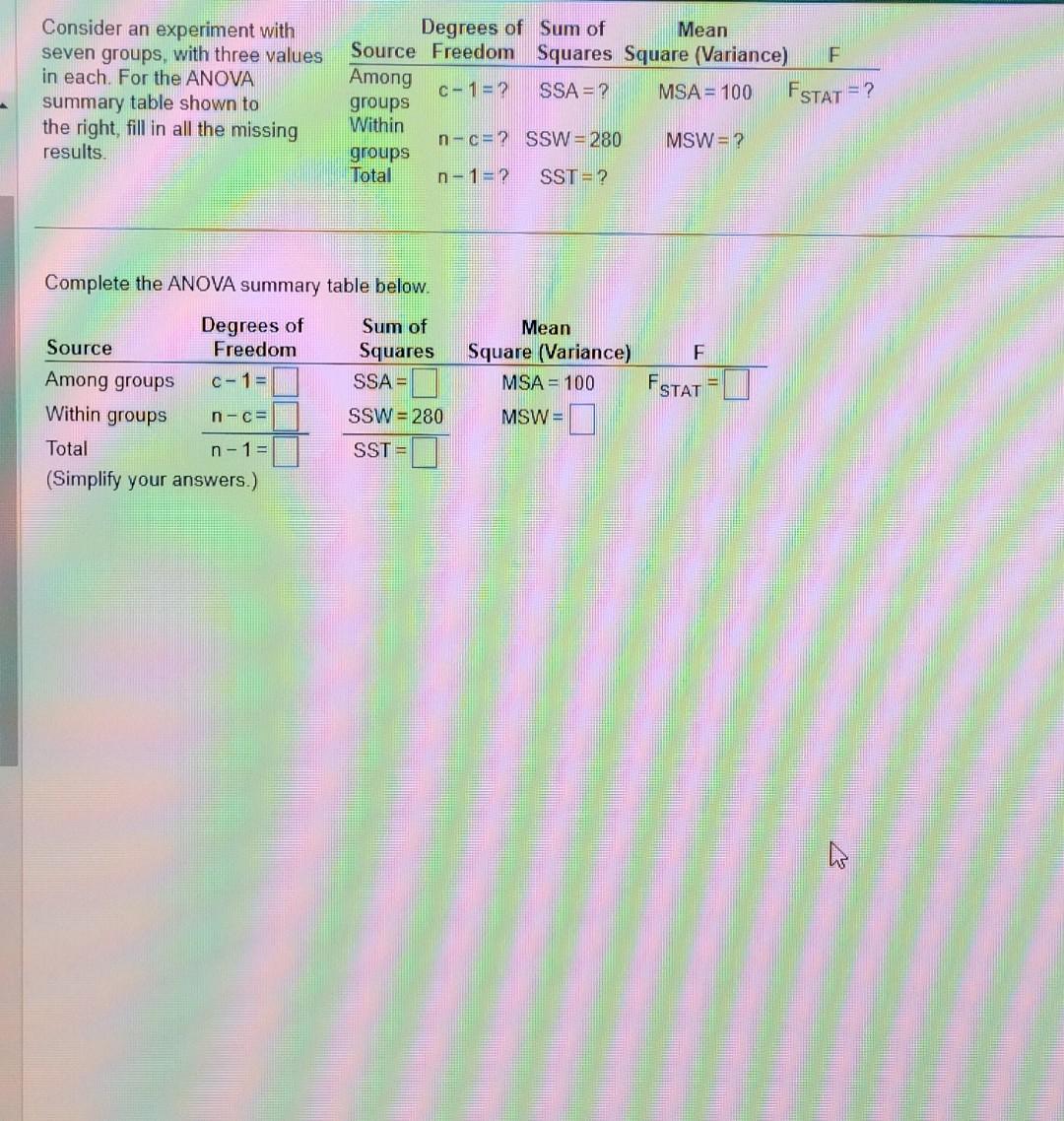 Solved Consider an experiment with seven groups, with three | Chegg.com