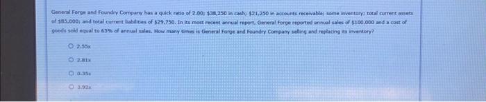 Solved General Forge and Foundry Company has a quick ratio | Chegg.com