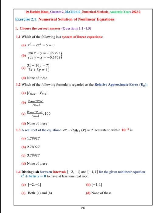Solved Dr Hashim Khan Chapter-2 MATH-410 Numerical Methods | Chegg.com