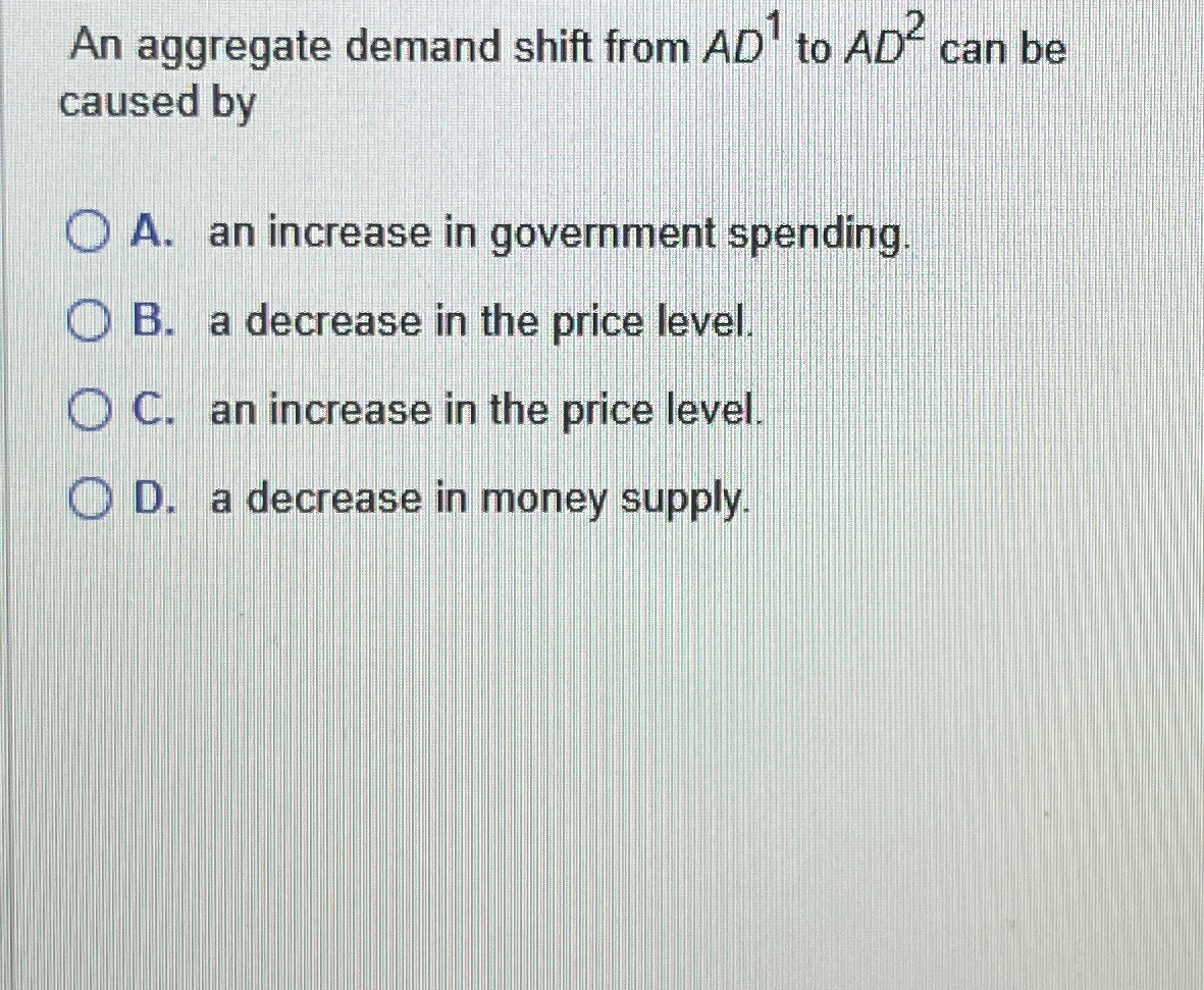 Solved An aggregate demand shift from AD1 ﻿to AD2 ﻿can be | Chegg.com