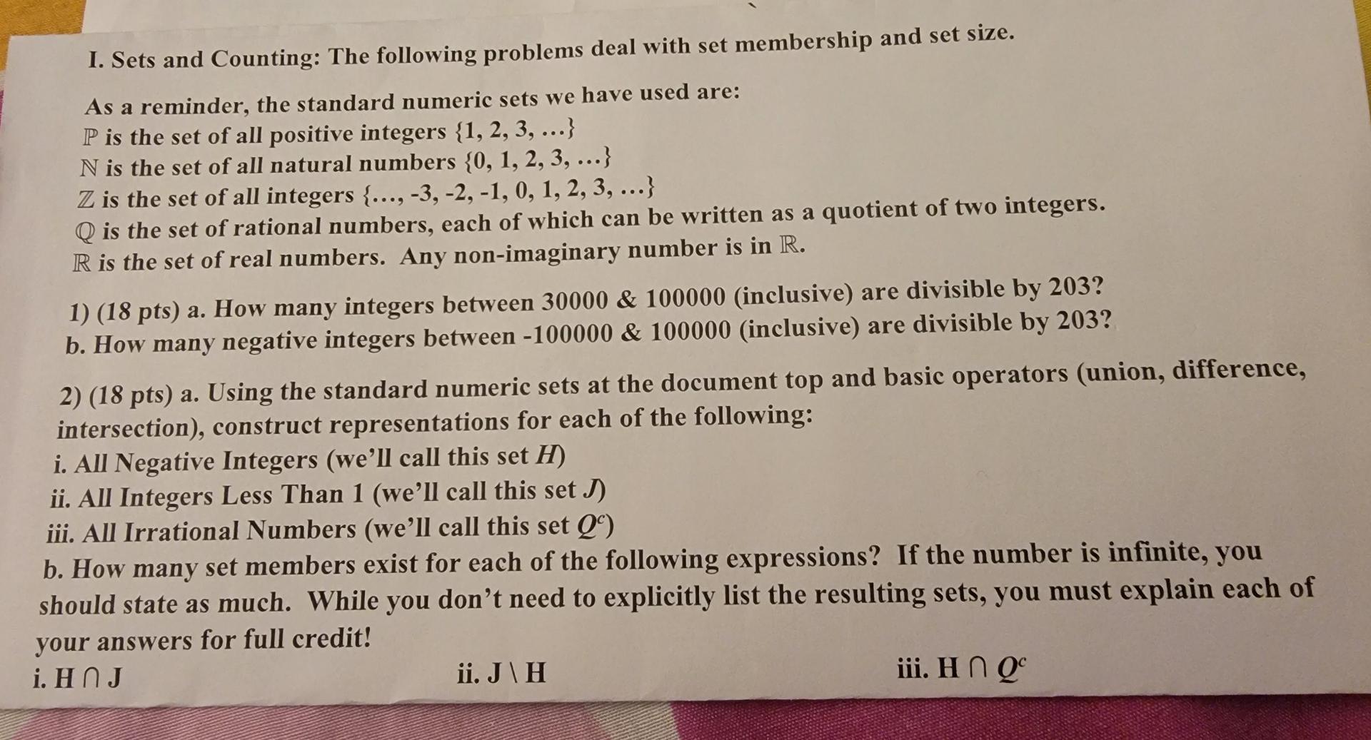 Solved I. Sets and Counting: The following problems deal | Chegg.com