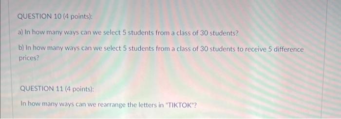 Solved QUESTION 10 (4 points): a) In how many ways can we | Chegg.com