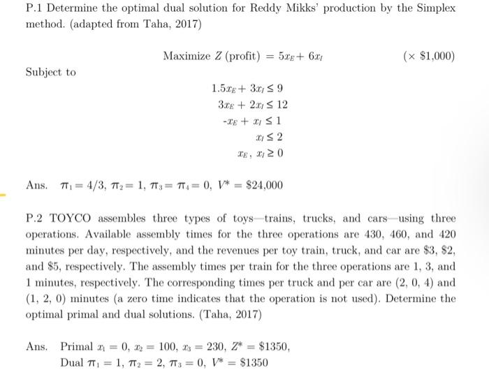 Solved P.1 Determine the optimal dual solution for Reddy | Chegg.com