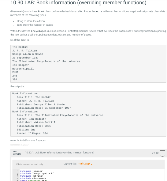 Solved LAB: Book Information (overriding member function) | Chegg.com