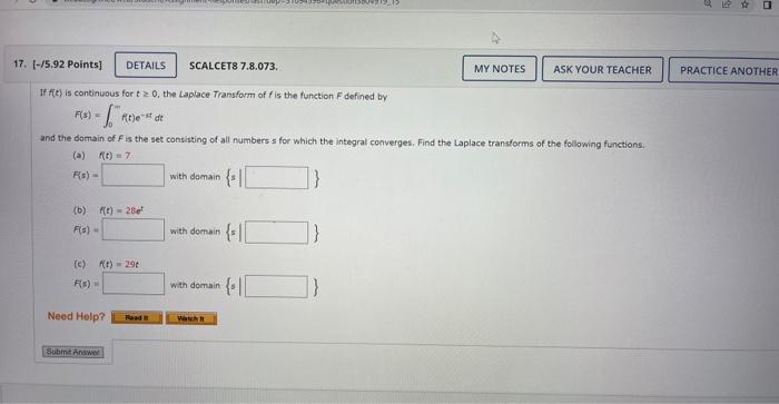 Solved If f(t) is continuous for t≥0, the Laplace Transform | Chegg.com