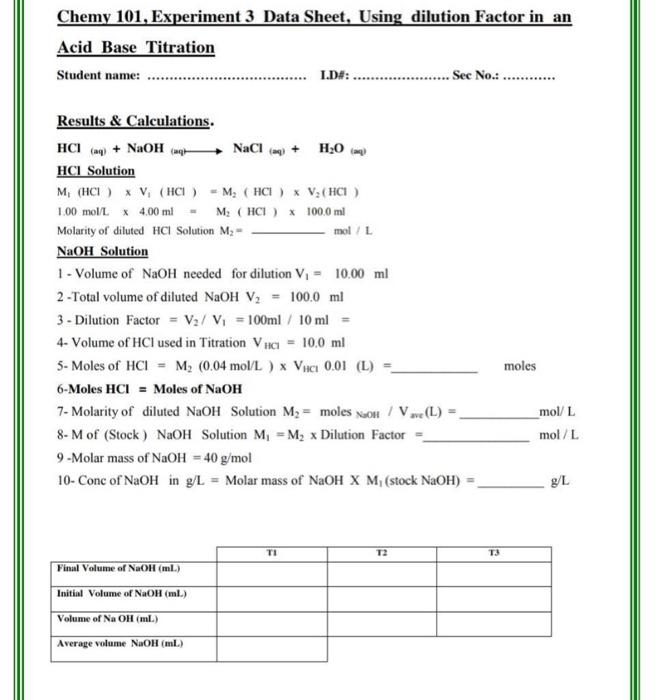 Solved Chemy 101, Experiment 3 Data Sheet, Using dilution | Chegg.com