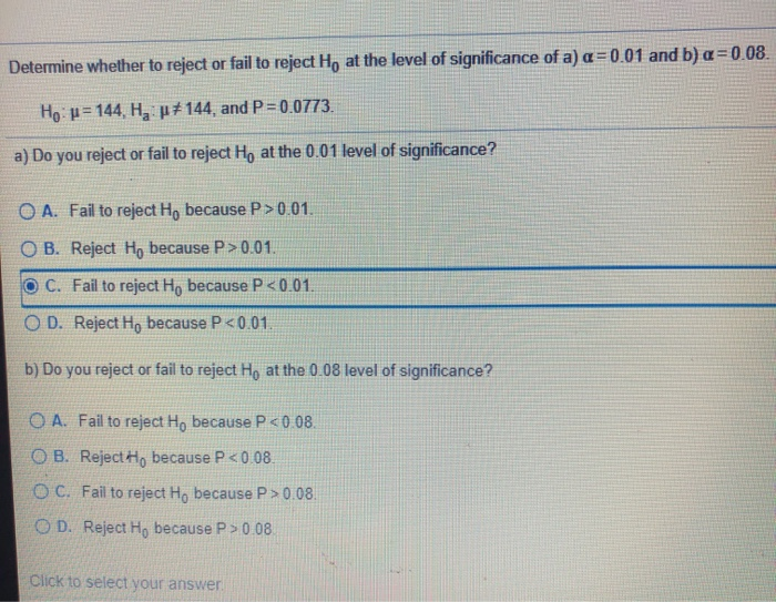 Solved Determine whether to reject or fail to reject H, at | Chegg.com