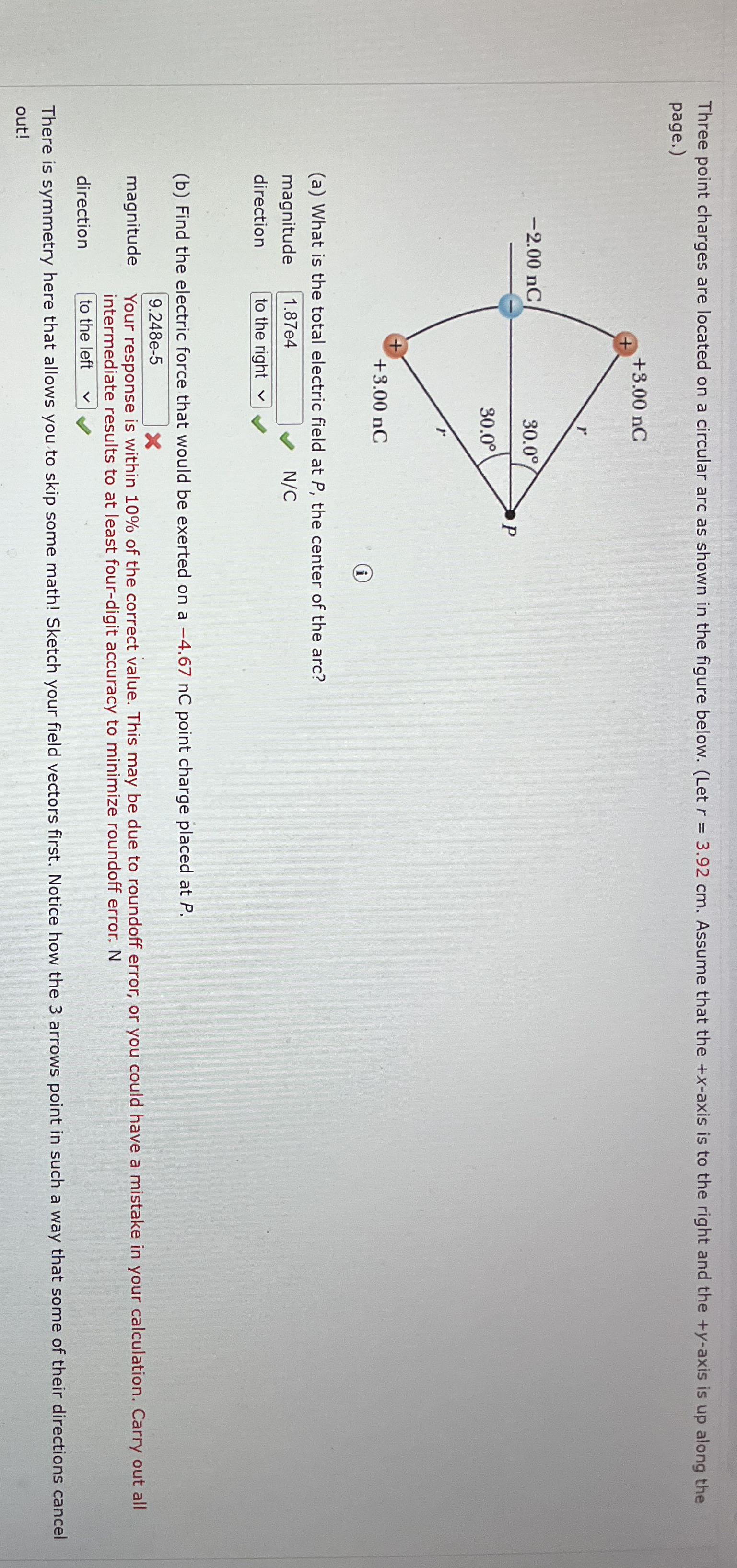 Three point charges are located on a circular arc as | Chegg.com