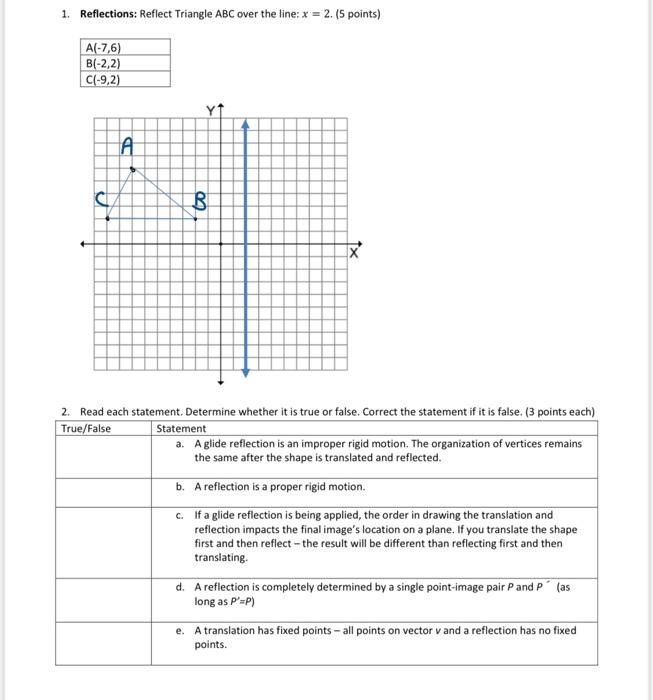 Solved 1. Reflections: Reflect Triangle ABC over the line: x | Chegg.com