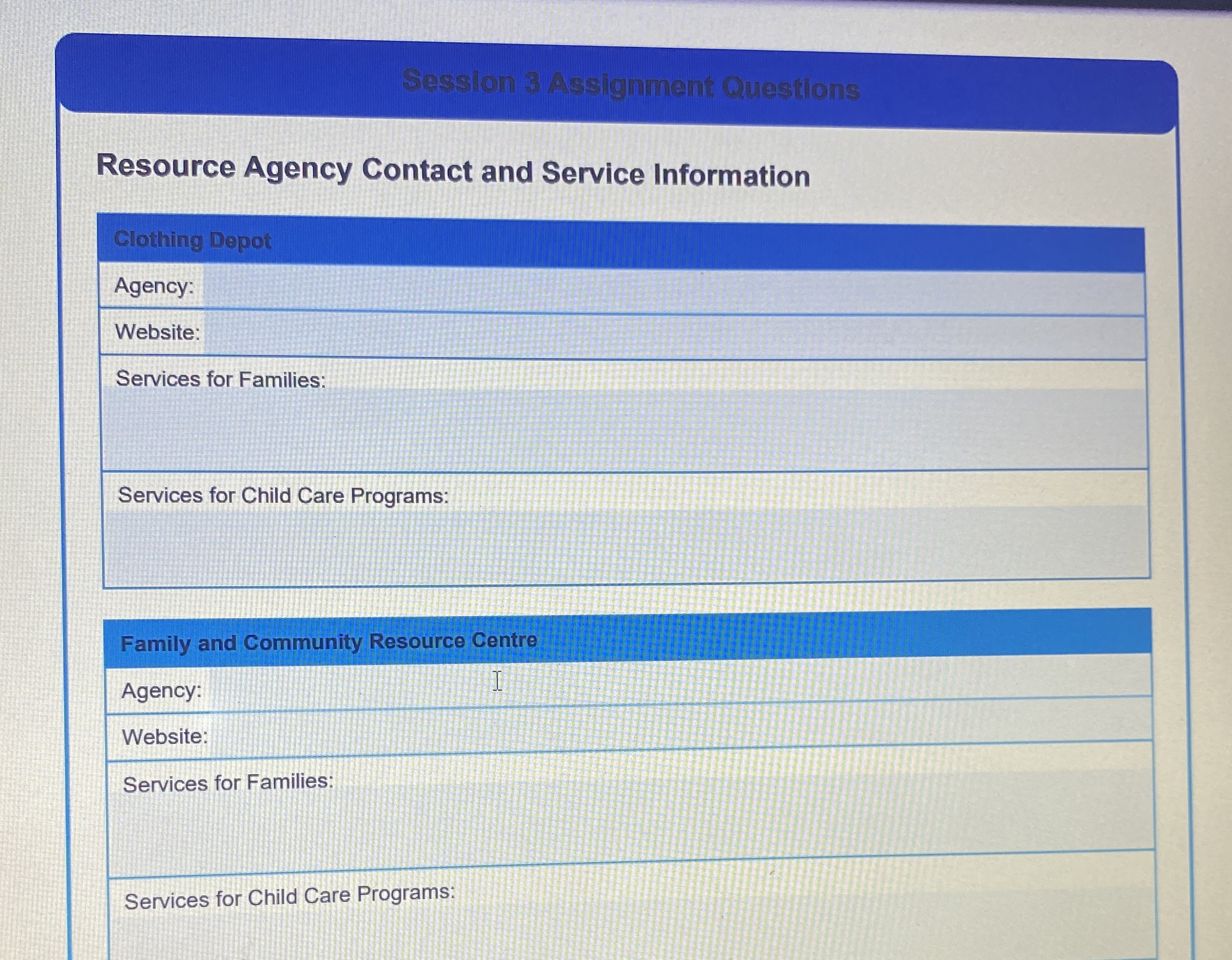 Solved Resource Agency Contact and Service | Chegg.com
