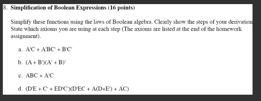 Solved 8. Simplification of Boolean Expressions (16 points) | Chegg.com