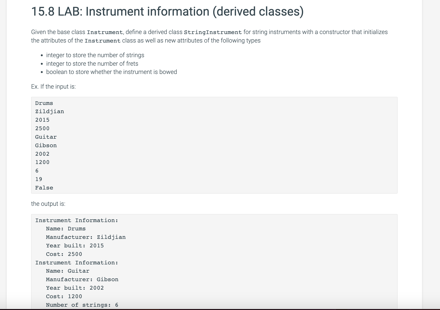 Solved 15.8 ﻿LAB: Instrument information (derived | Chegg.com