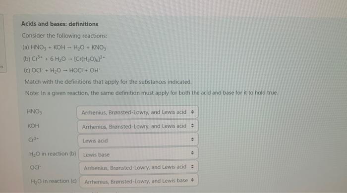 Solved Acids and bases: definitions Consider the following | Chegg.com