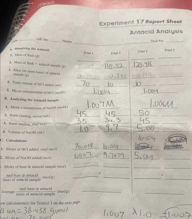 Experiment 17 Report Sheer Antacid Analysis Lob Soc | Chegg.com