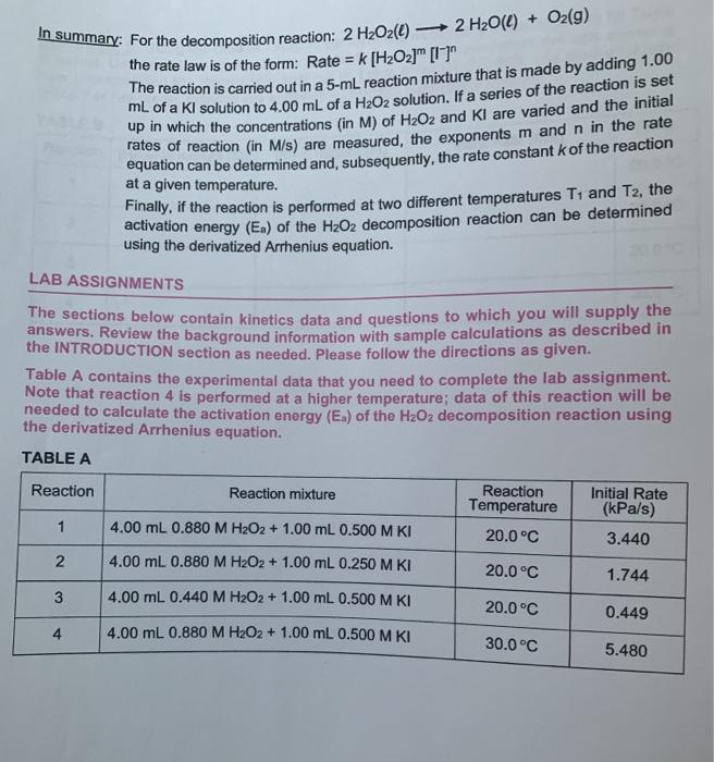 Solved In summary: For the decomposition reaction: 2 H2O2(l) | Chegg.com