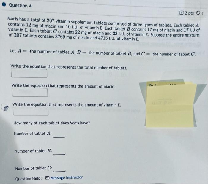 Solved Maris has a total of 207 vitamin supplement tablets | Chegg.com