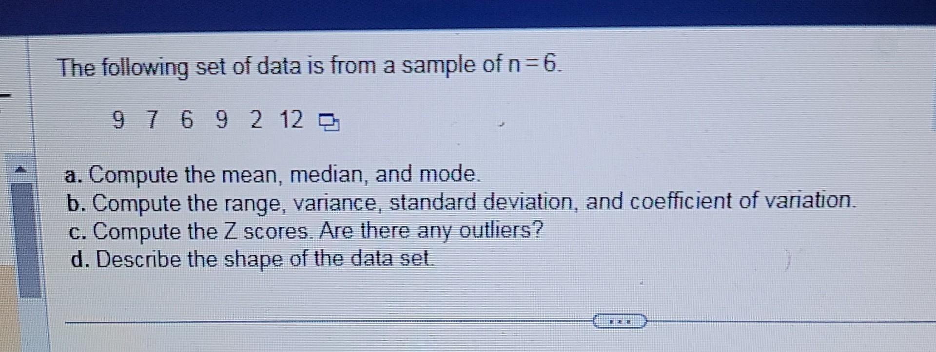 Solved The following set of data is from a sample of n=6. a. | Chegg.com