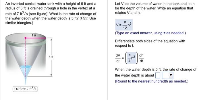 Solved An inverted conical water tank with a height of 6ft | Chegg.com