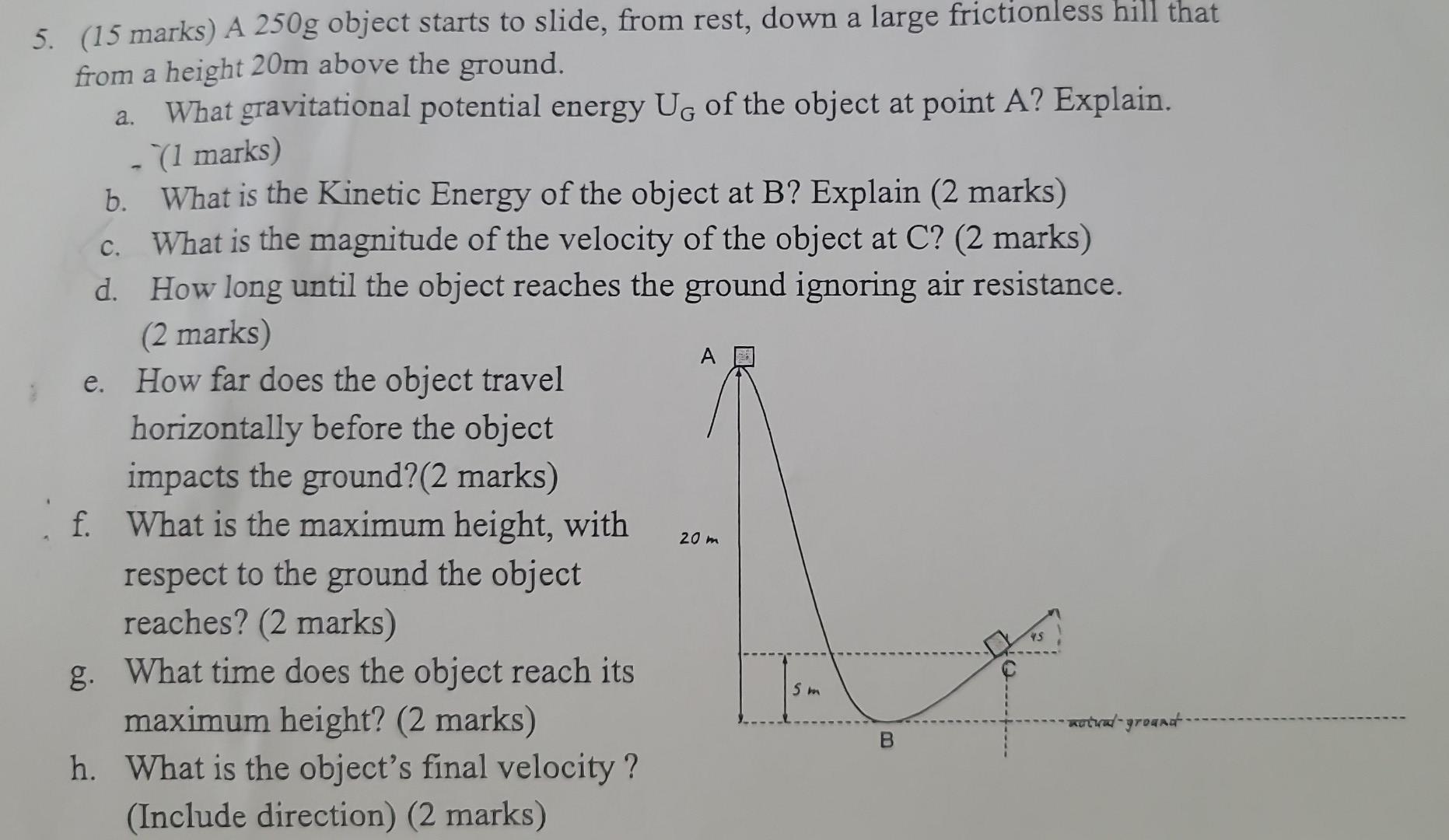 Solved 5. (15 marks) A 250 g object starts to slide, from | Chegg.com