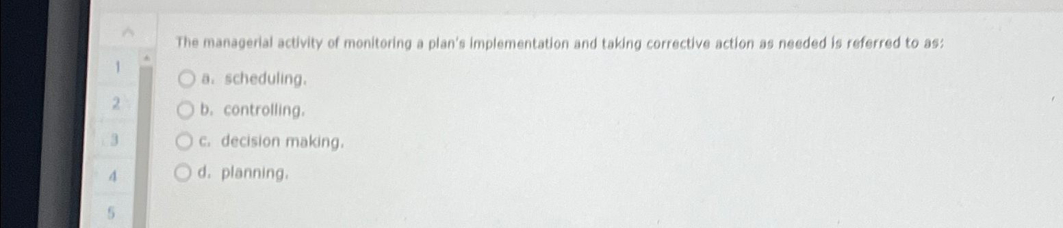 Solved The managerial activity of monitoring a plan's | Chegg.com