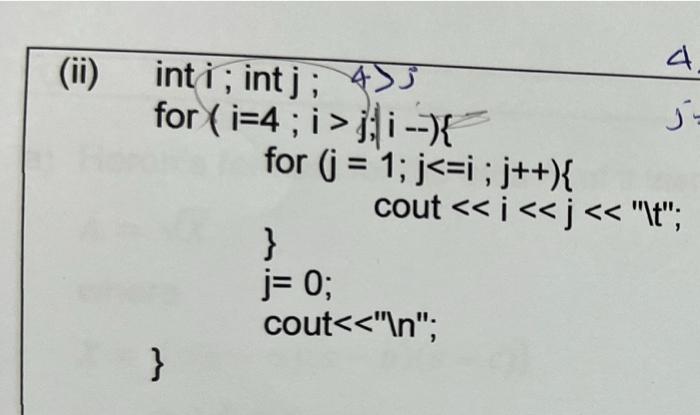 Solved (ii) inti;intj;4>j for (i=4;i>j;i−)} for | Chegg.com