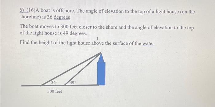 Solved 6) (16)A boat is offshore. The angle of elevation to | Chegg.com