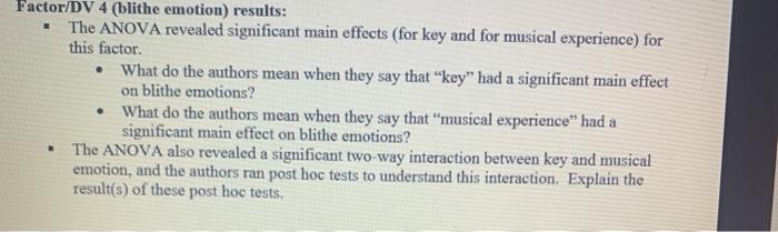 Solved Factor/DV 4 (blithe emotion) results: The ANOVA | Chegg.com