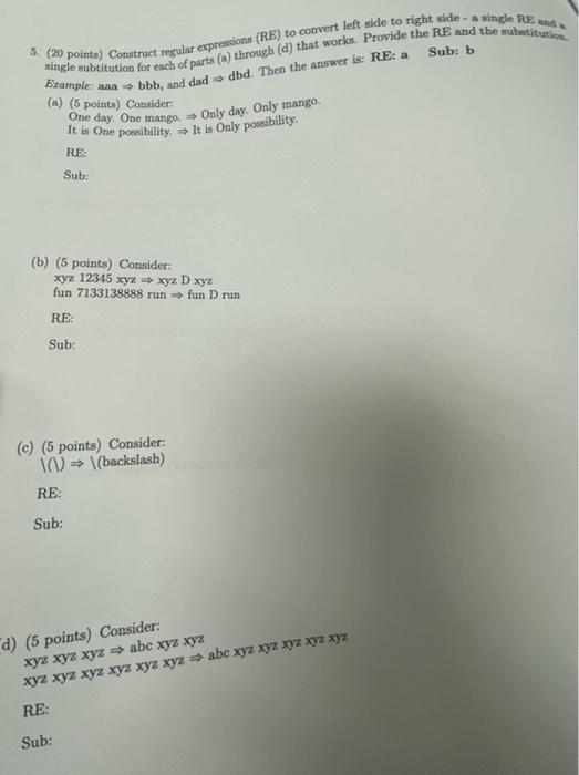 Solved 5. (20 points) Construct regular expressions (RE) to | Chegg.com