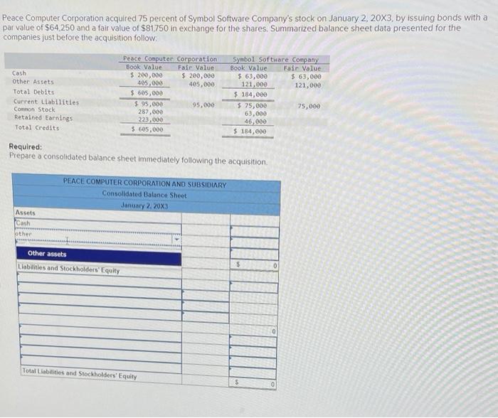Solved Peace Computer Corporation acquired 75 percent of | Chegg.com