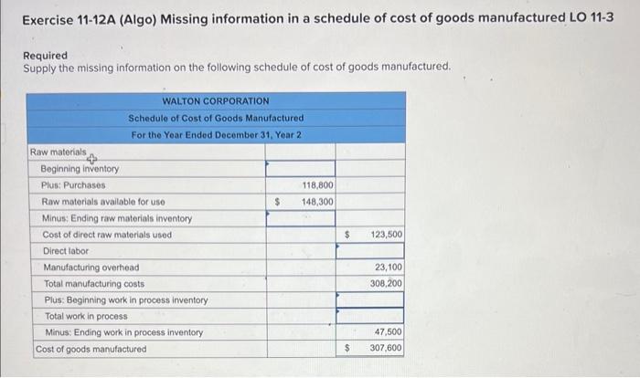 Solved Exercise 11-12A (Algo) Missing information in a | Chegg.com