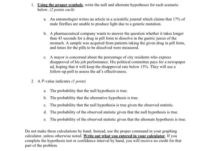 Solved 1. Using the proper symbols, write the null and | Chegg.com