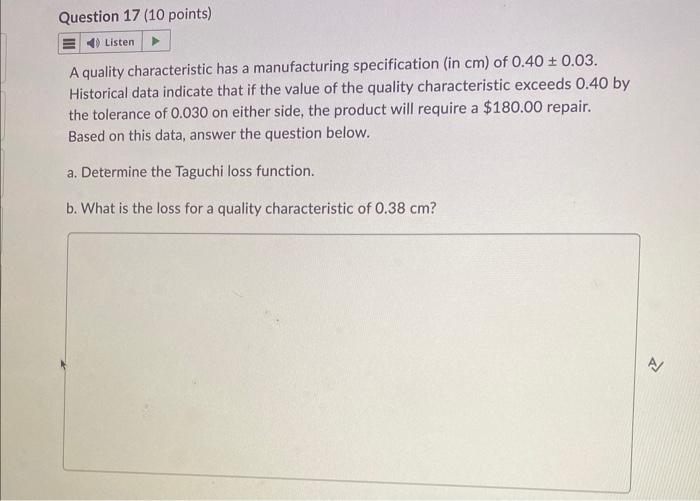 Solved A quality characteristic has a manufacturing | Chegg.com