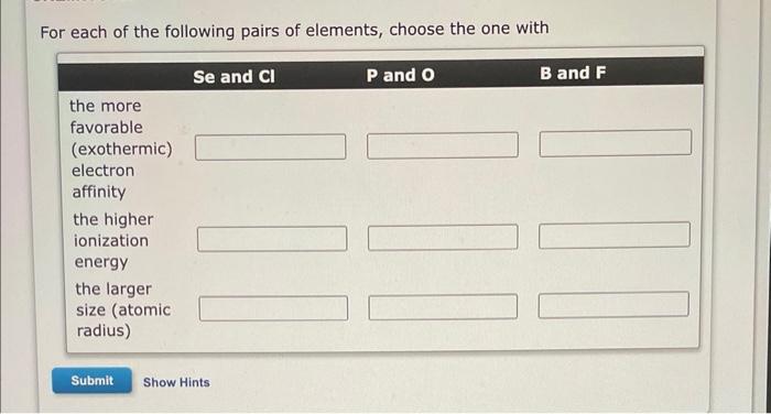 Solved For each of the following pairs of elements, choose | Chegg.com