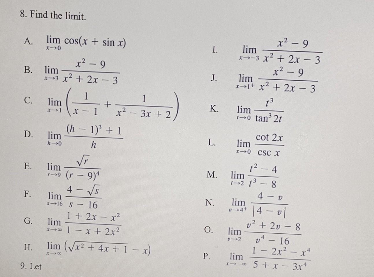 Solved 8. Find the limit. A. limx→0cos(x+sinx) I. | Chegg.com