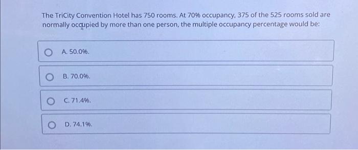 Solved The TriCity Convention Hotel has 750 rooms. At 7096 | Chegg.com