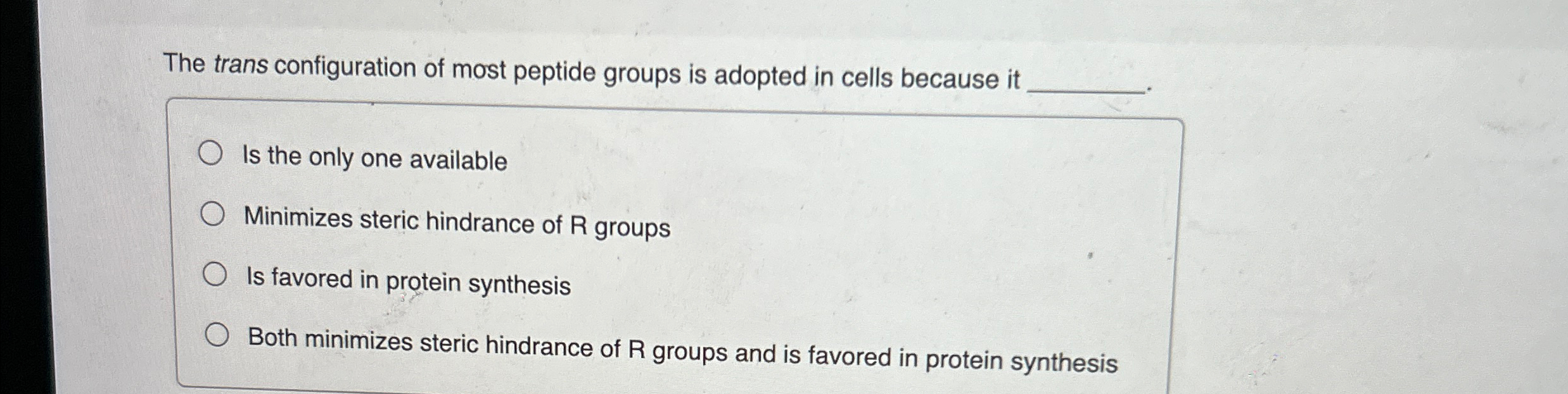Solved The trans configuration of most peptide groups is | Chegg.com