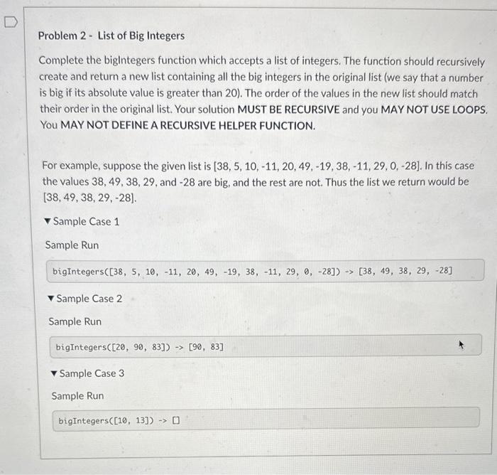 Solved Problem 2 - List of Big Integers Complete the | Chegg.com