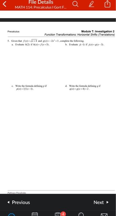 Solved 5. Given that f(x)=x+4 and g(x)=−2x2+3, complete the | Chegg.com