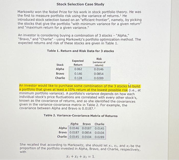 Solved Stock Selection Case Study Markowitz won the Nobel | Chegg.com
