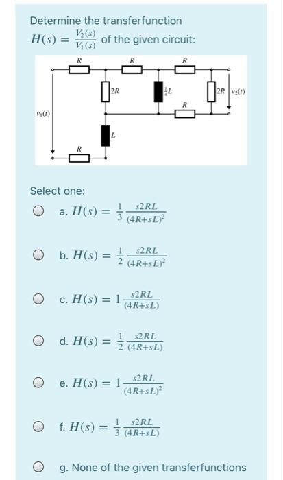 Solved Determine the transferfunction V2(8) H(S) = of the | Chegg.com