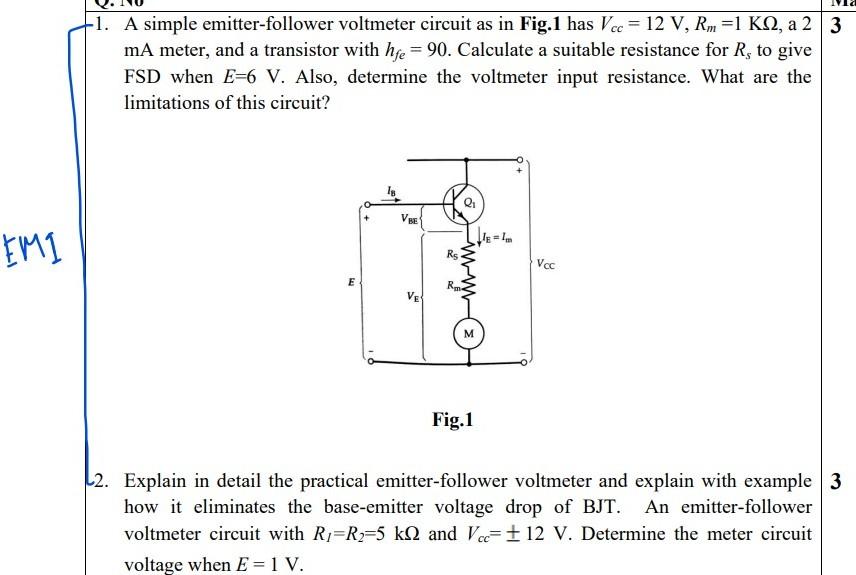 Solved -1. A simple emitter-follower voltmeter circuit as in | Chegg.com