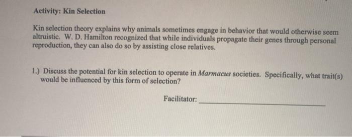 Solved Activity: Kin Selection Kin selection theory explains | Chegg.com